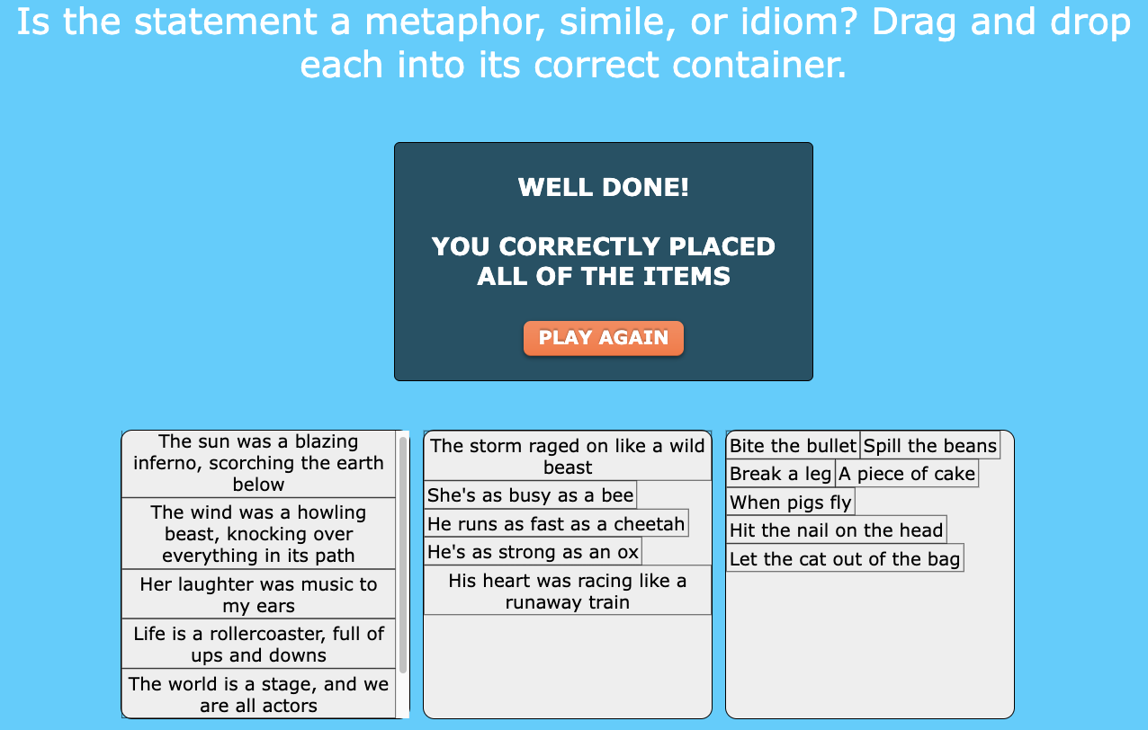 Is it an Idiom, Metaphor, or Simile Classification Activity - Interactive