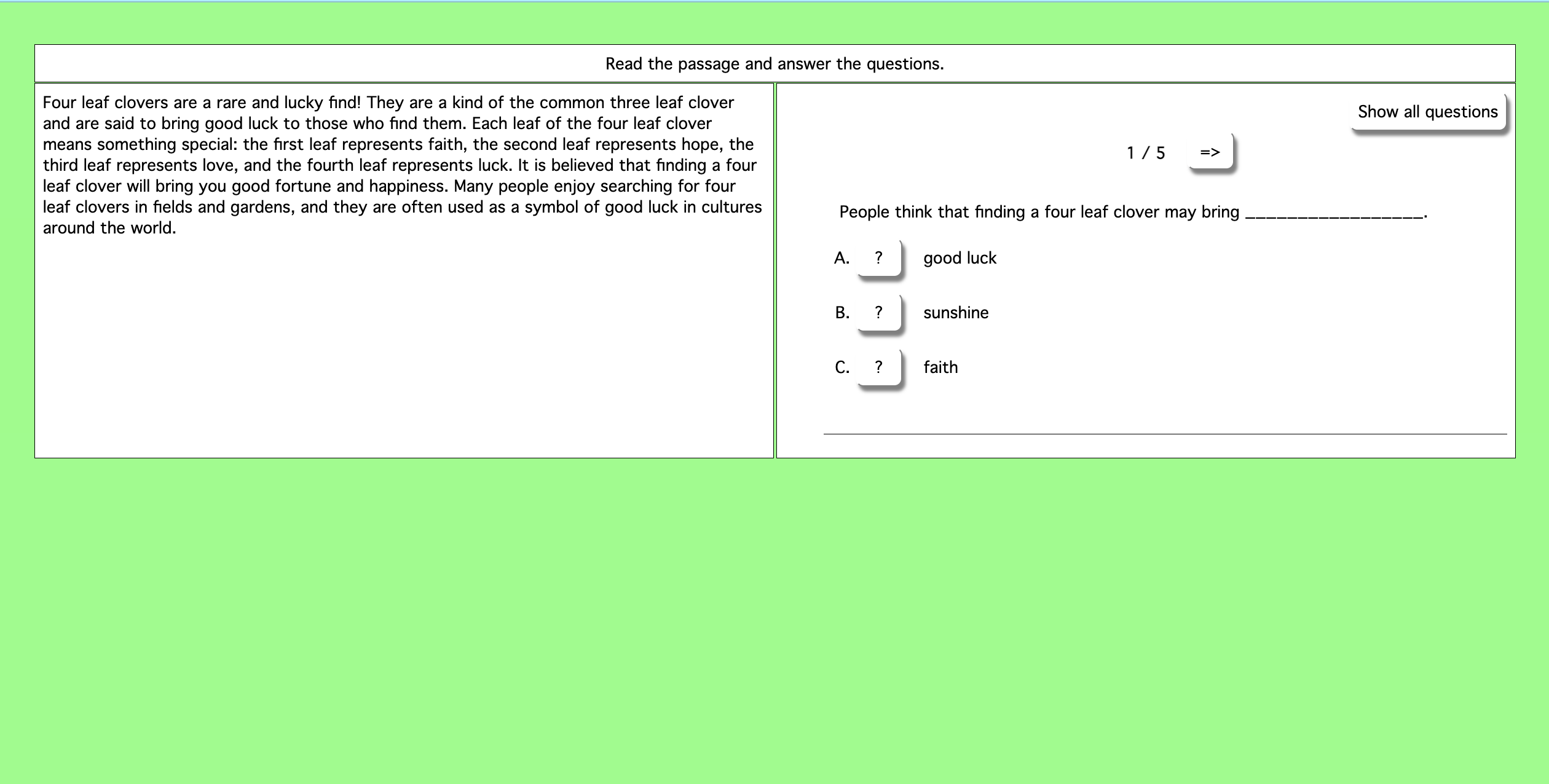 Four Leaf Clovers Reading Comprehension Passage - Online Activity