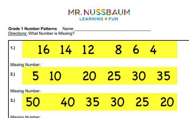 1.NBT.A.1 - Grade 1 Common Core - Basic Number Patterns - Printable